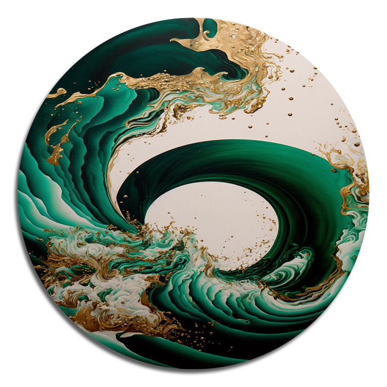 Mercer41 Emerald Green And Gold Abstract Waves IV On Metal Circle Print | Wayfair